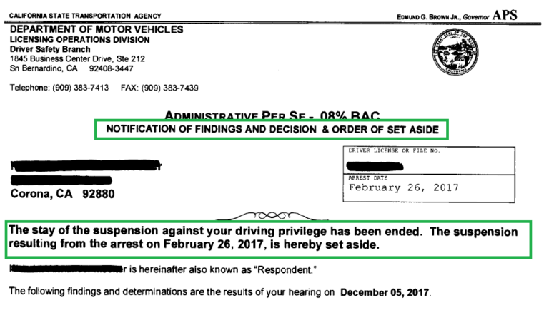 DMV Win at an Administrative Per Se Hearing at the San Bernardino DSO