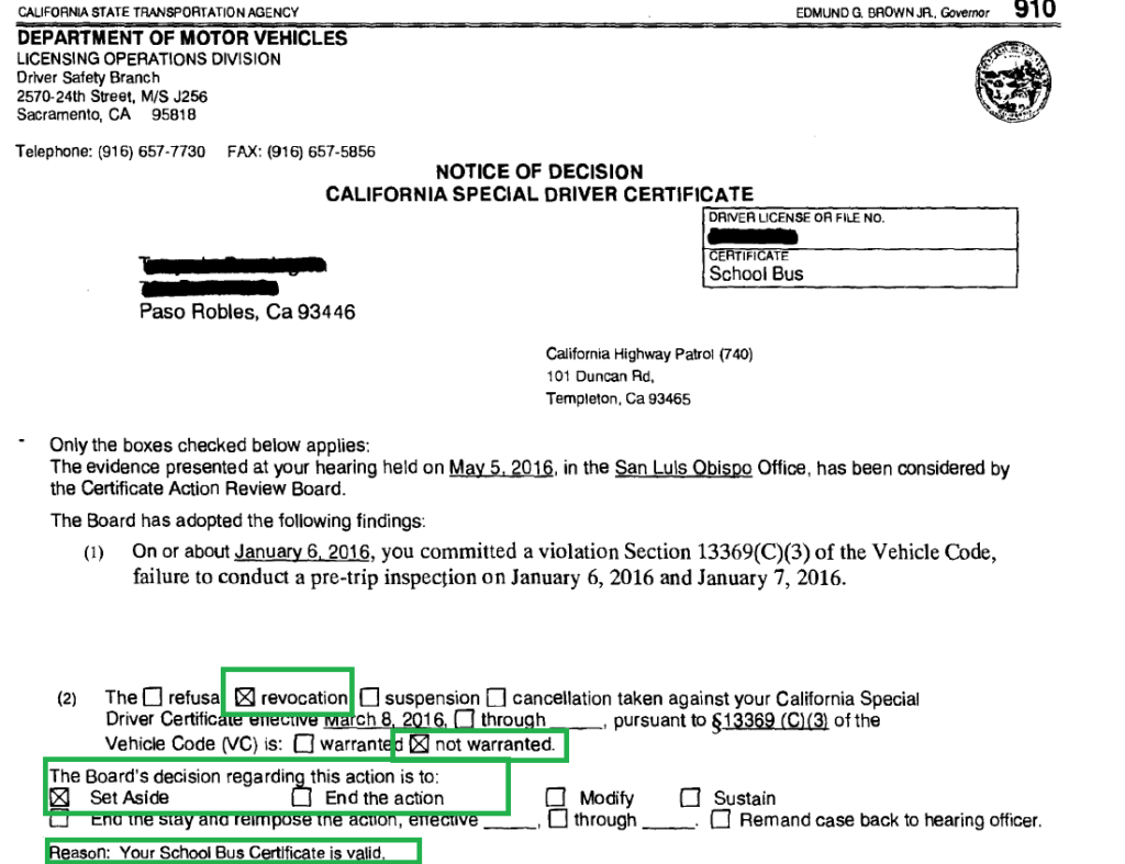 Victory - School Bus Drivers Certificate Hearing Obispo