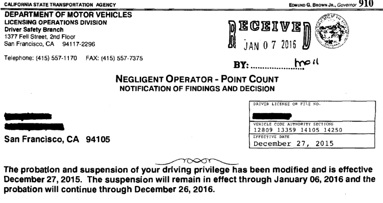 DMV Negligent Operator Hearing in San Francisco